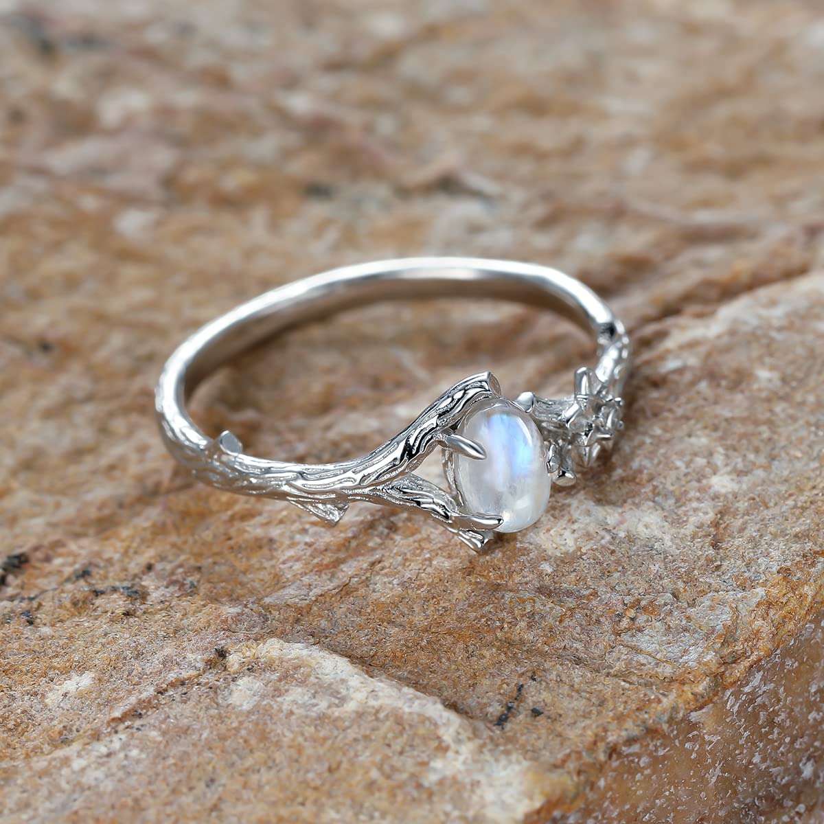 Angol Genuine Moonstone Ring Sterling Silver Moonstone Flower Ring Minimalist Statement Band Finger Ring Dainty Trendy with Box for Women (7)