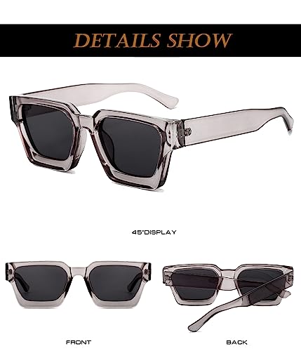 EYLRIM Thick Square Frame Sunglasses for Women Men Fashion Chunky Rectangle Sun Glasses Black Shades(10 Transparent Grey/Grey)