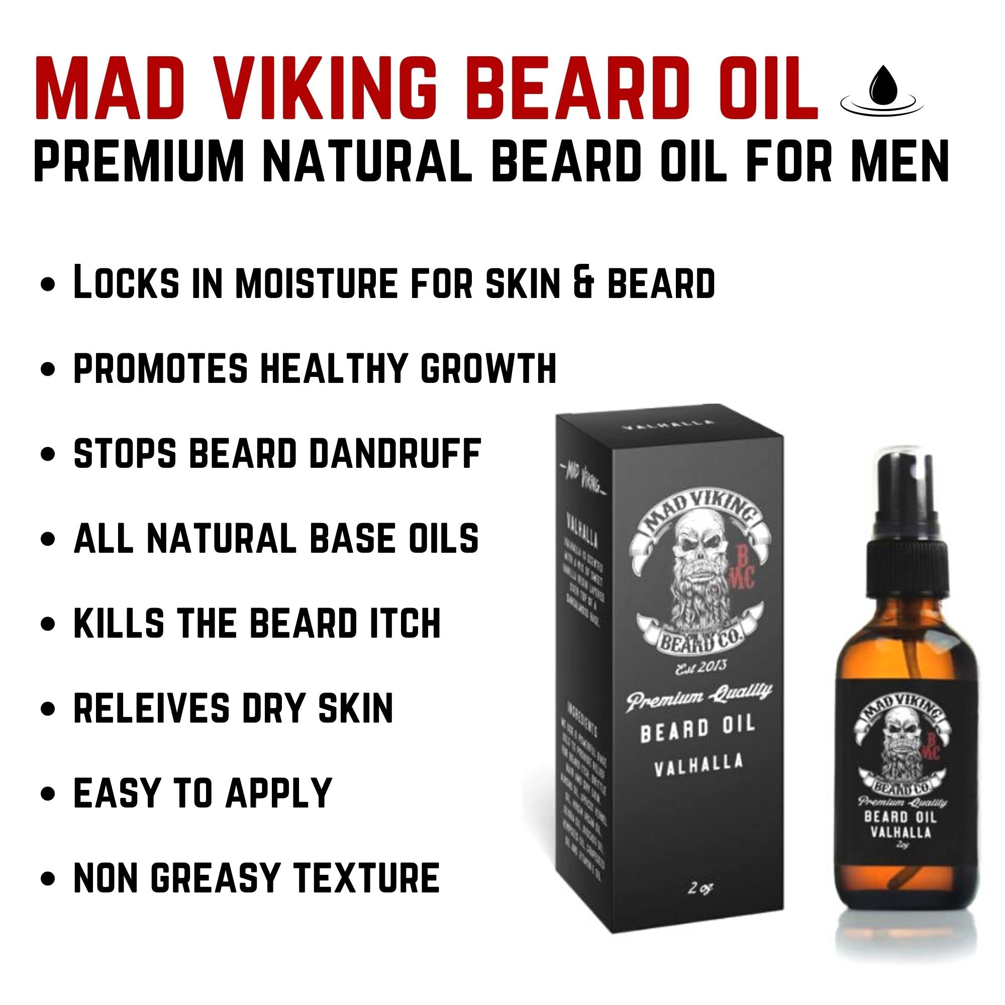 Mad Viking Beard Co. Premium Beard Oil - Natural Softener, Conditioner, and Skin Moisturizer for Thicker, Itch-Free Beards, Made in the USA (Ingen Doft, 2oz)