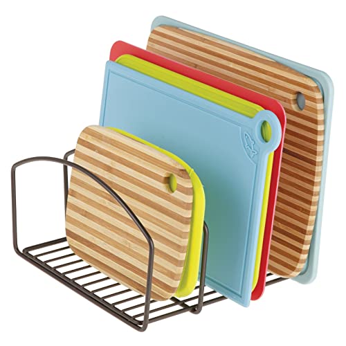 mDesign Steel Cookware Holder, Storage Organizer Rack with Three Slots for Kitchen Cabinet, Pantry, Holds Pans, Pots, Lids, Cookie Sheets, Cutting Boards - Concerto Collection - Bronze