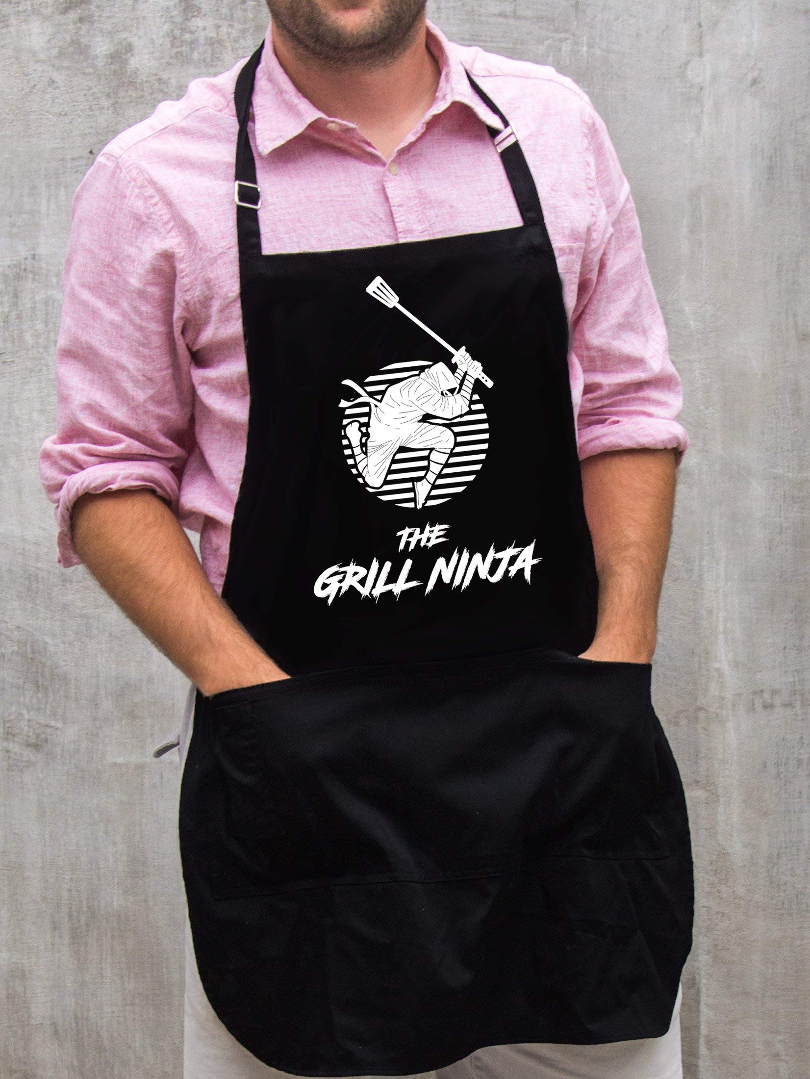 ApronMen, The Grill Ninja BBQ Grilling Funny Aprons For Men With Adjustable Straps One Size Fits All Cooking Aprons With Pockets - Professionally Printed Gifts For Dad