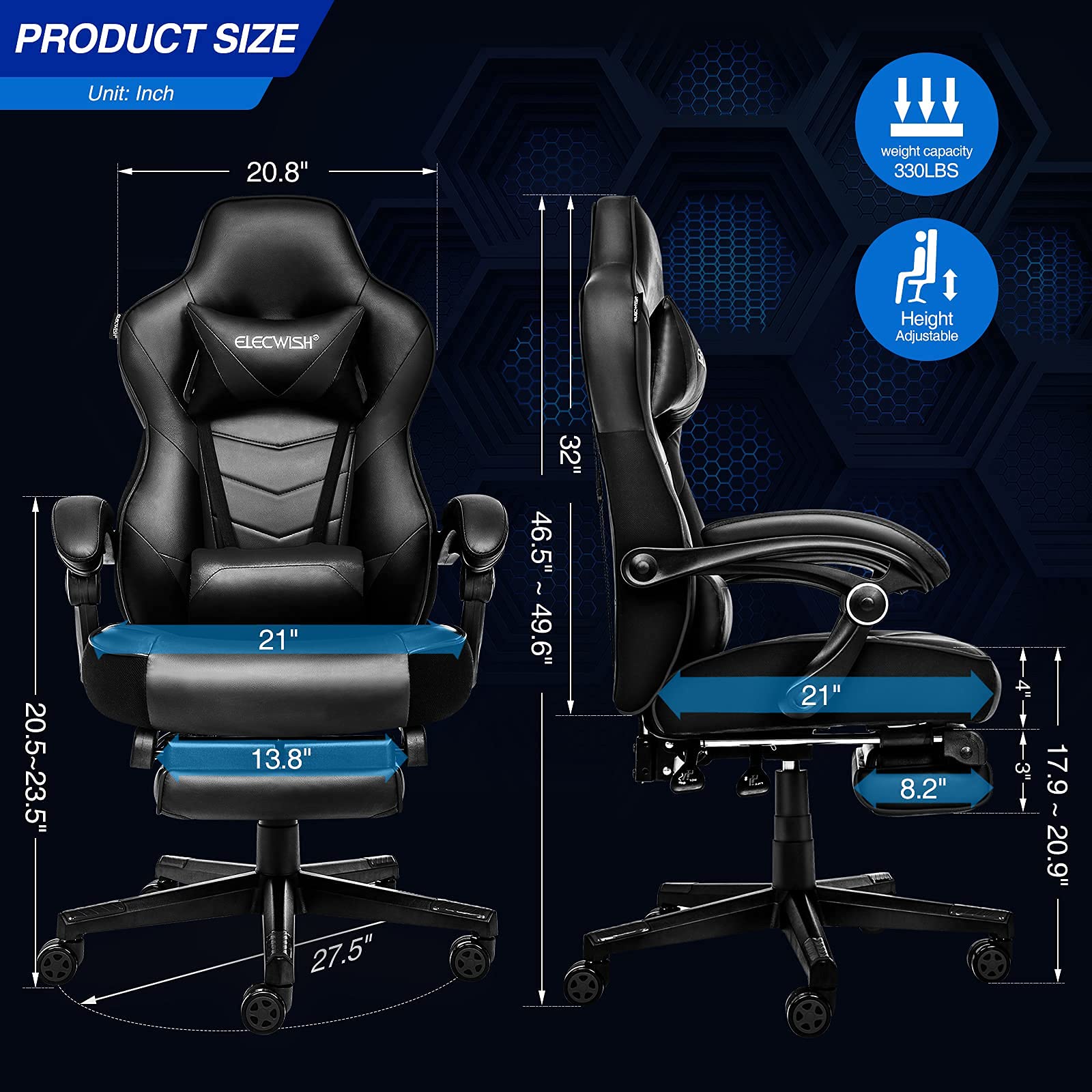 ELECWISH Gaming Chair, Reclining Computer Chair with Footrest and Lumbar Support, High Back Ergonomic Gamer Chair for Adults, Gaming Desk Chair with Headrest PU Leather