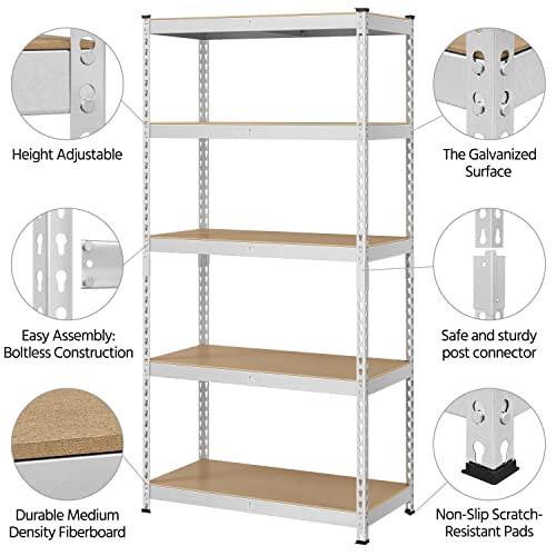 Topeakmart 4PCS 5-Tier Utility Shelves, Metal Storage Shelves Garage Shelving Unit Adjustable Garage Storage Shelves Storage Racks Heavy Duty Shed Shelving- Silver, 35.5 x 17.5 x 72 Inch