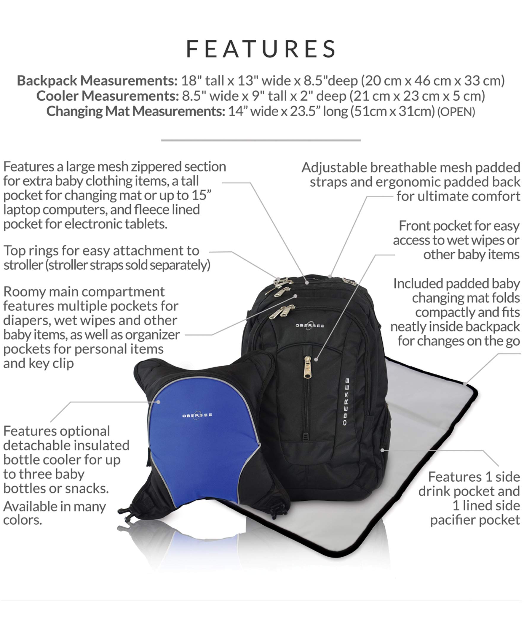 Obersee Bern Diaper Bag Backpack & Cooler, Black/Black