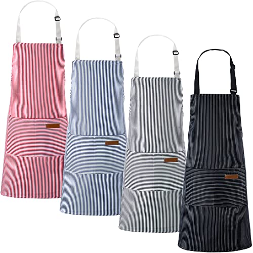 Handepo 4 Pieces Cooking Kitchen Aprons Unisex Soft Chef Kitchen Aprons with Pockets Cotton Polyester Blend Adjustable Bib Aprons for Women Men, Crafting Bbq, Black, Blue, Pink, Grey Stripes