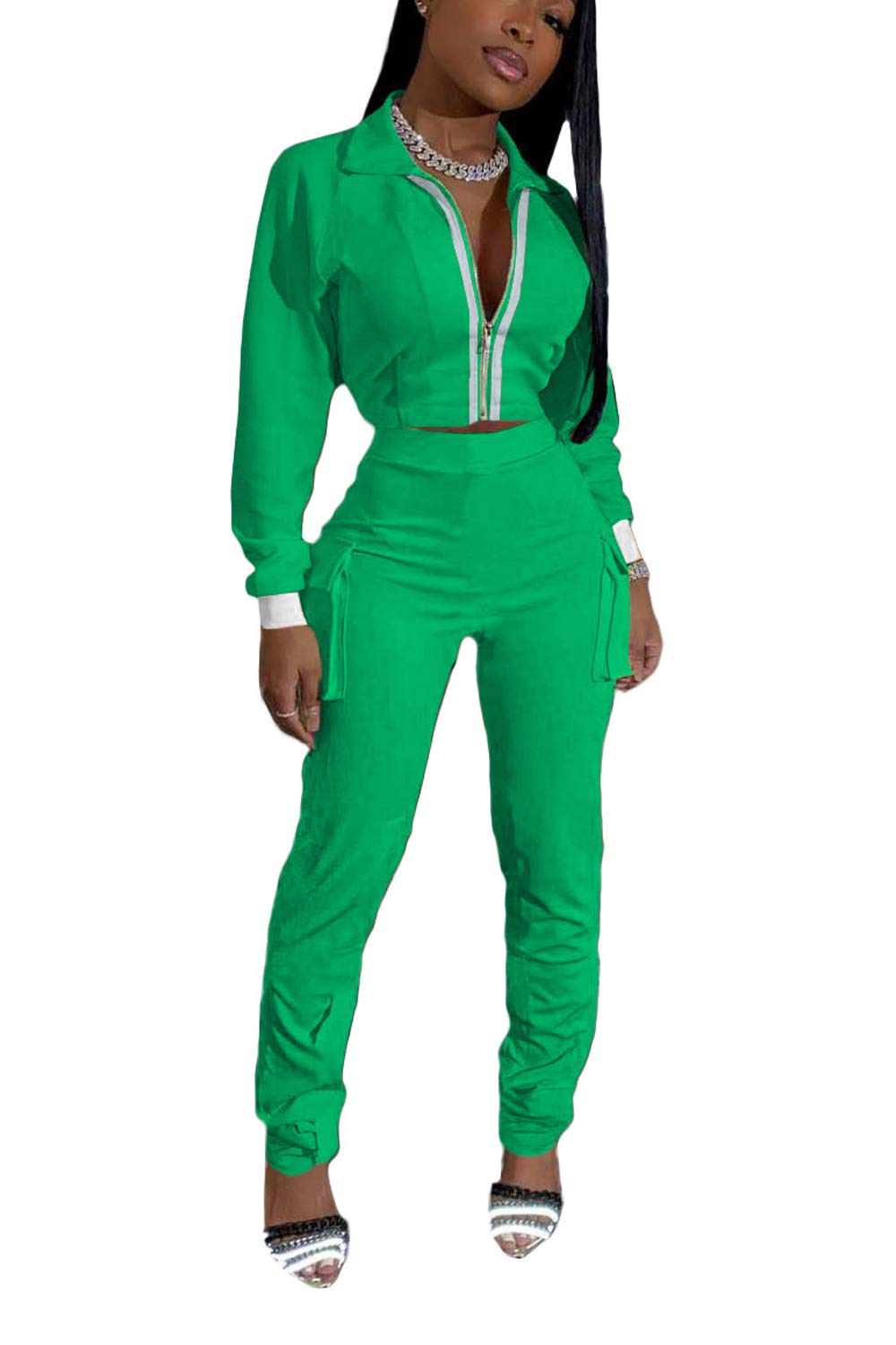 AI'MOURI Womens Casual Solid Color 2 Piece Outfits Set, Zipper Jacket Bodycon Pants with Pockets Clubwear Tracksuit Sweatsuit (Black, L)