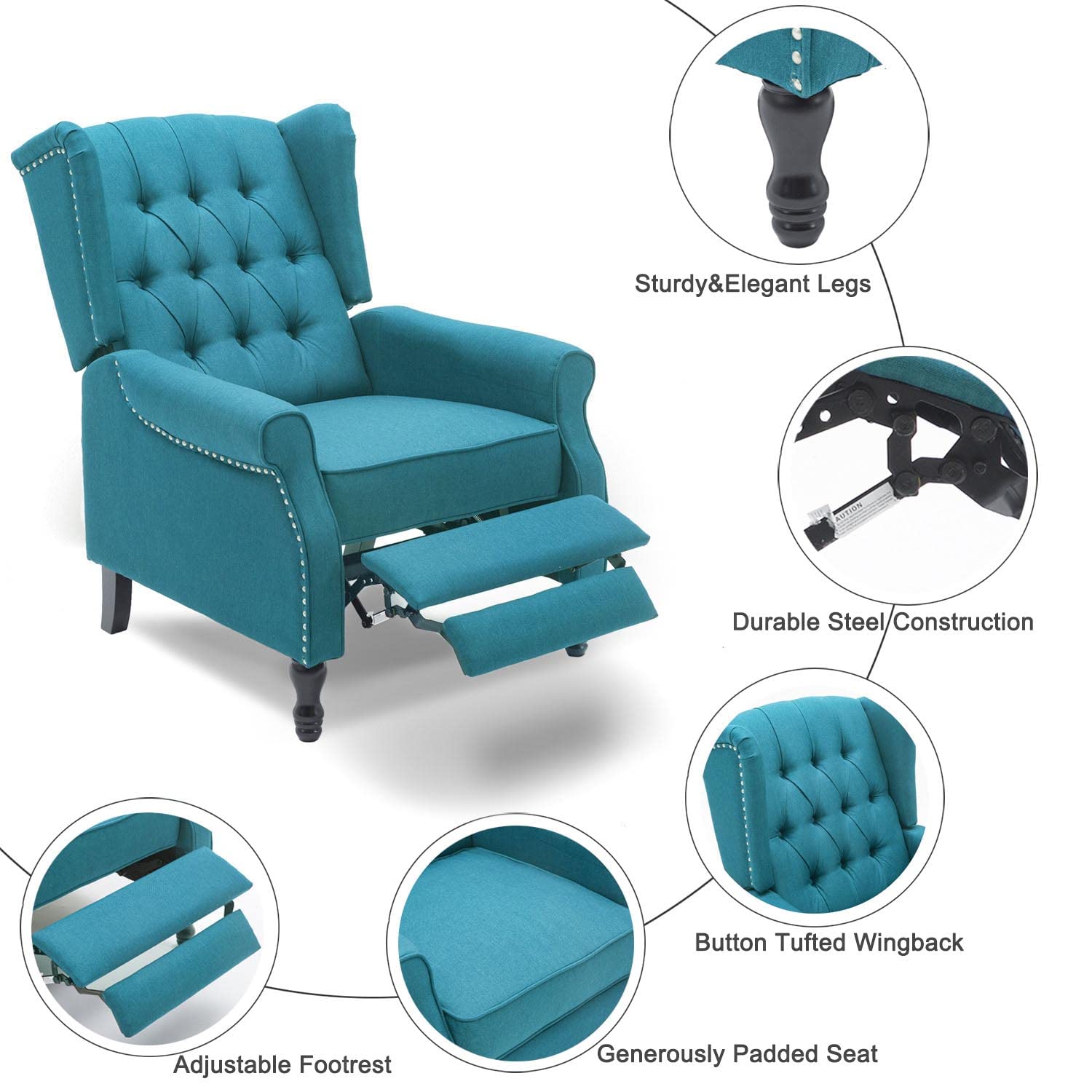 Altrobene Pushback Recliner Chair, Modern Accent Arm Chair, Fabric Wingback Chair for Living Room Bedroom, Blue