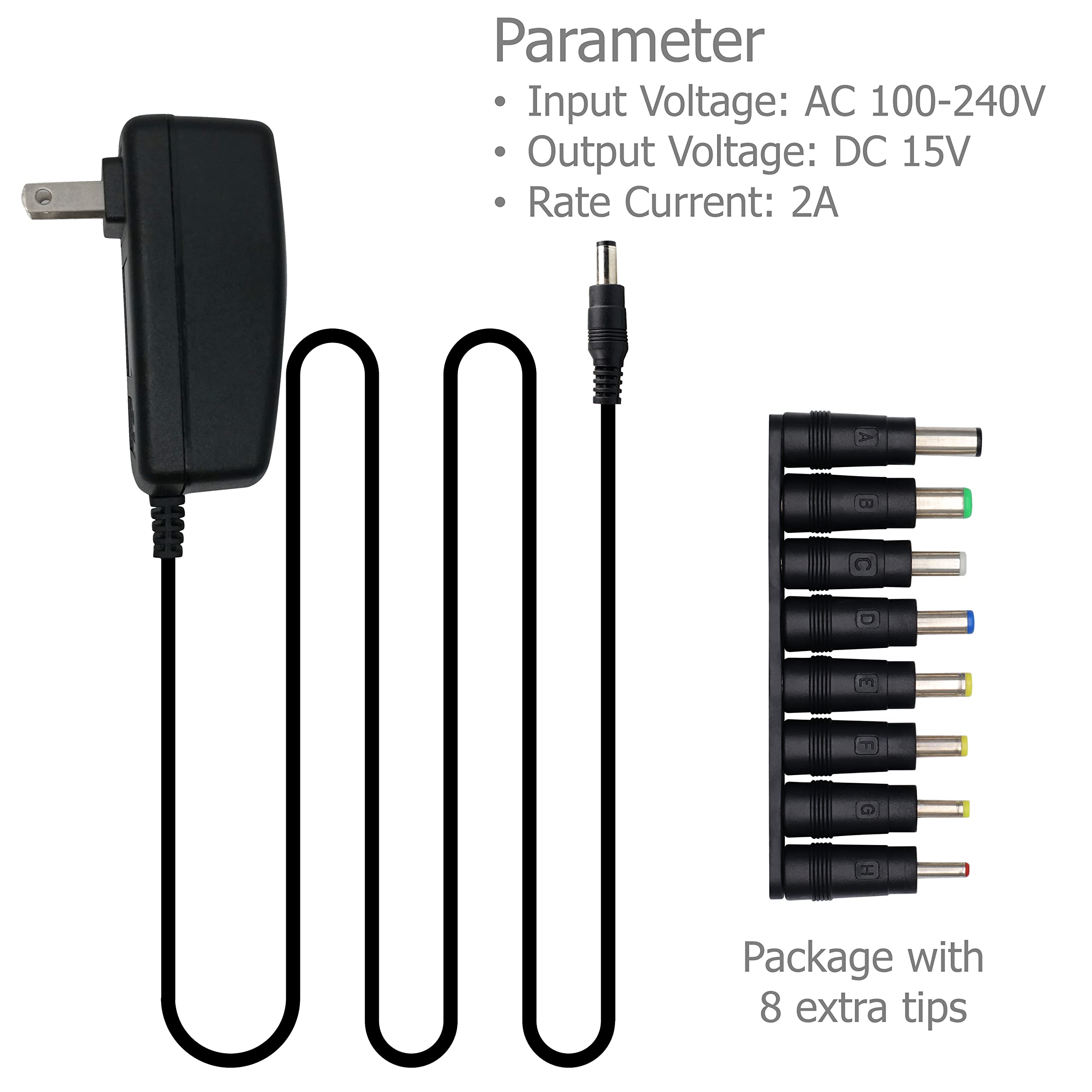 Excelity AC/DC 15V 650mA 2A Max Wall Charger Power Supply Switching Adapter with Tip 5.5 x 2.5mm / 5.5 x 2.1mm