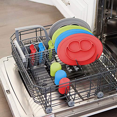 ezpz Mini Collection Set (Gray) - 100% Silicone Cup, Fork, Spoon & Mini Mat Suction Plate with Built-in Placemat for Infants + Toddlers - First Foods + Self-Feeding - 12 Months+