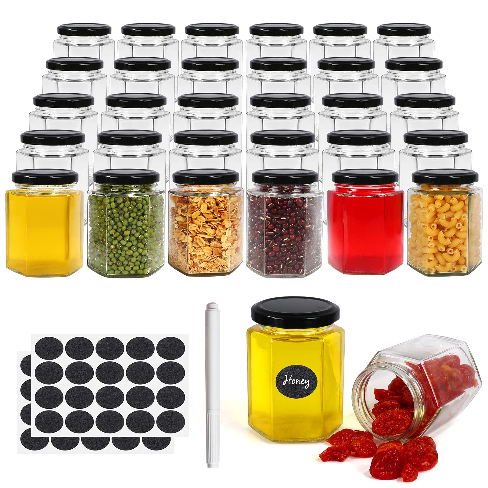 Betrome 6oz Glass Jars with Black Lids, 30 Pack 180ml Clear Hexagon Glass Canning Jars Honey Jars Spice Jars Mason Jars for Jams, Shower Favors, Wedding Favors, Craft, 1 Pen and Labels Included