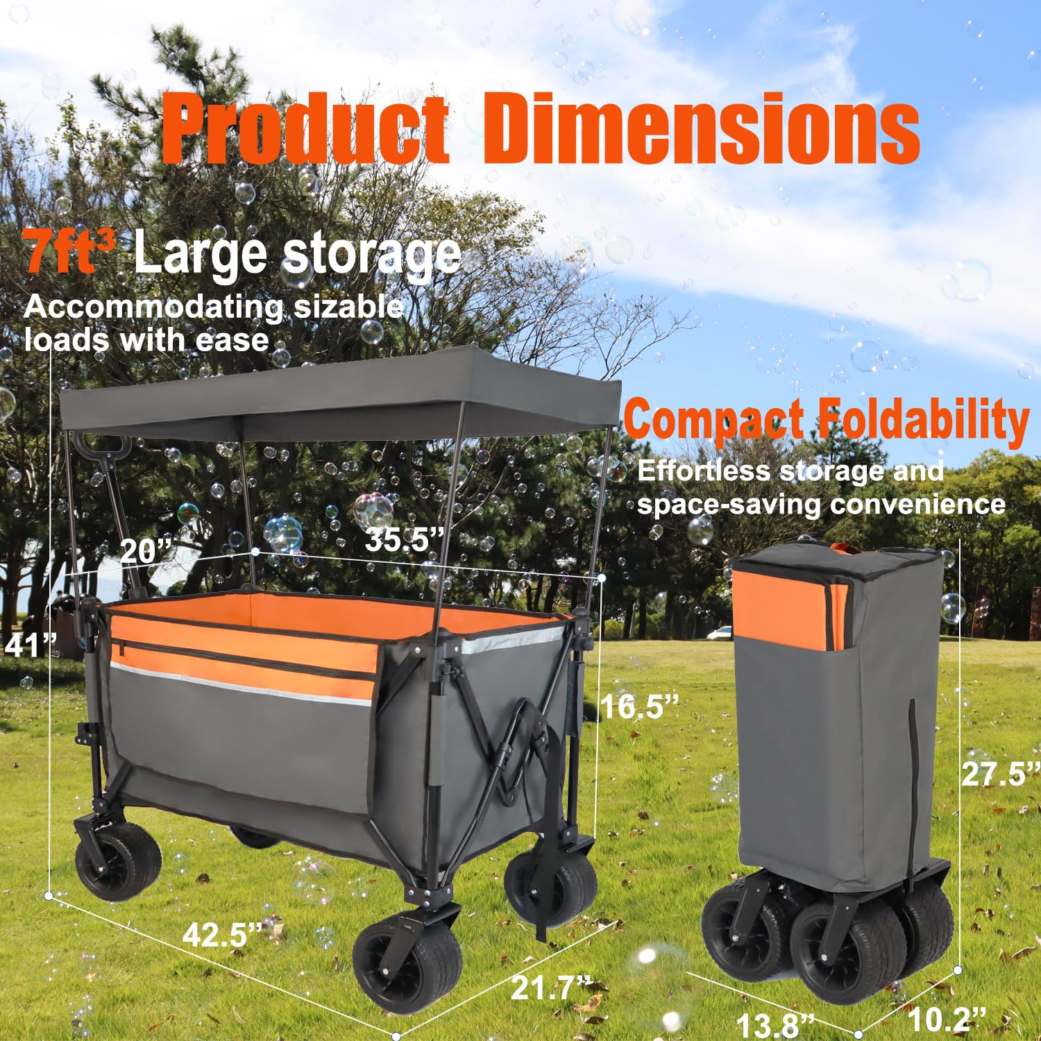 Aimnny Heavy Duty Folding Wagon with Canopy, Collapsible Outdoor Utility Wagon, Compact Garden Cart, Portable Cart with Oversized Bed and Small Folding Size, All Terrain Wheels with Brakes, Grey