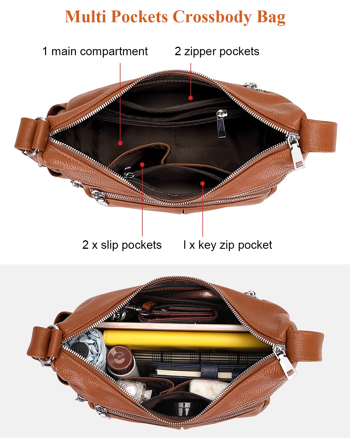 Over Earth Genuine Leather Purses and Handbags for Women Soft Leather Crossbody Bag Ladies Message Bag with Multi Pockets(O154E Brown)