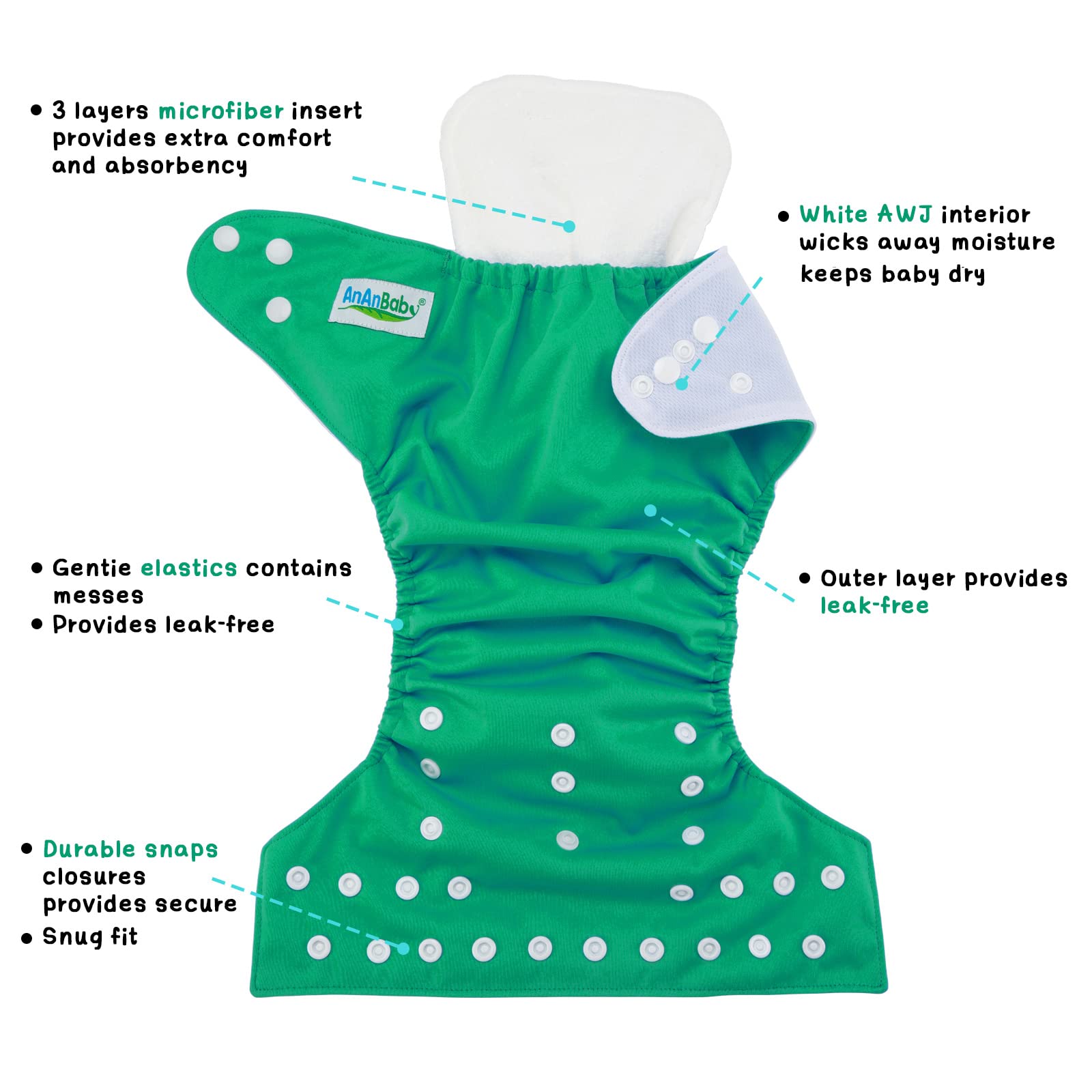 AnAnBaby Reusable Cloth Diapers for Babys, One Size Adjustable Washable Pocket Nappy Covers 6 Pack with 9pcs Microfiber Inserts for Toddler Boys & Girls