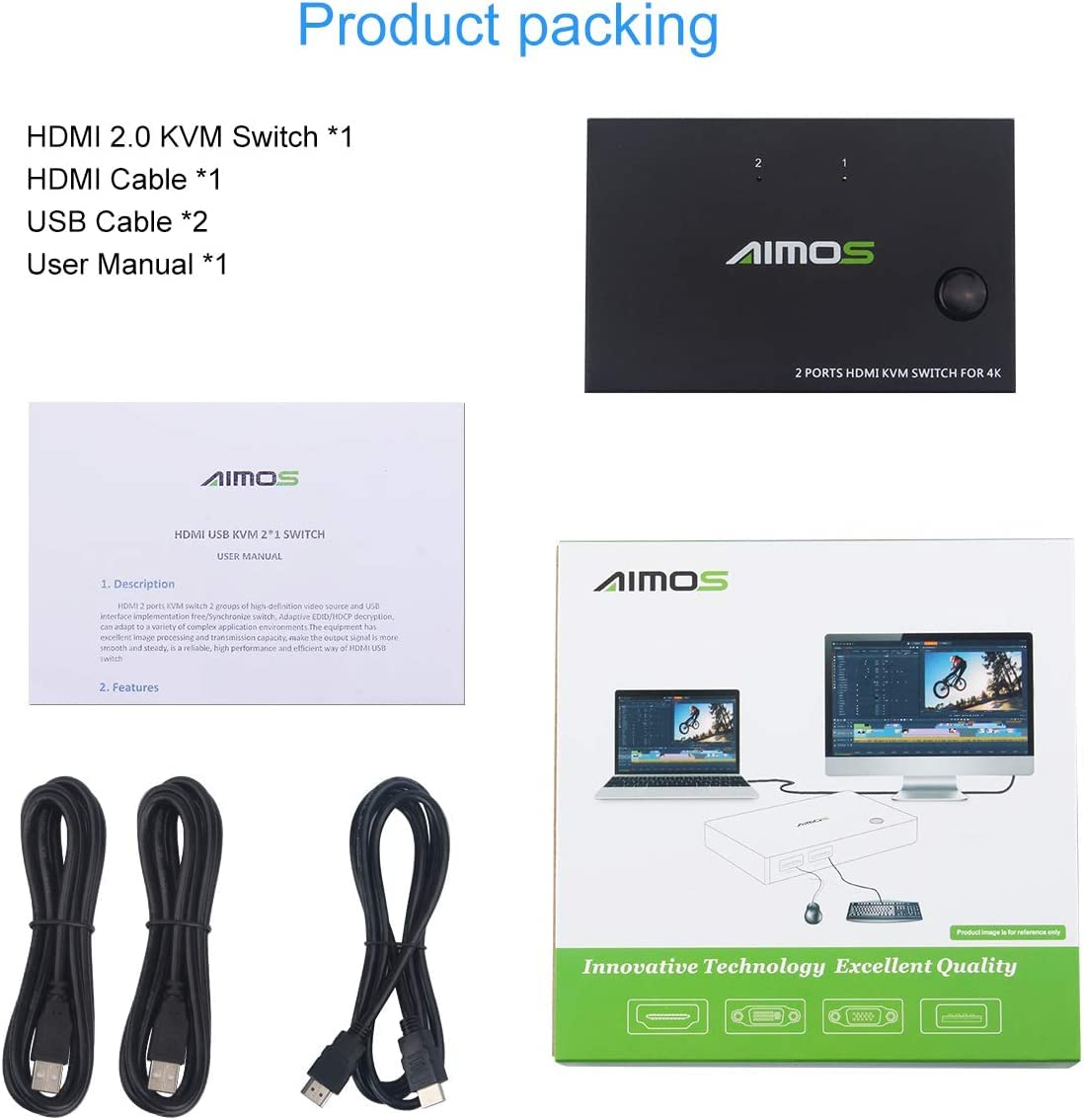AIMOS KVM Switch 2 Ports, HDMI USB KVM Switcher Support Keyboard Hotkey Switch Way, for 2PC Share One Keyboard Mouse and Monitor, HUD 4K (3840x2160) Supported