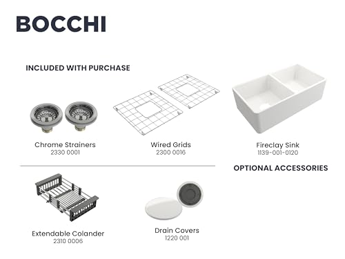 BOCCHI Classico Farmhouse Apron Front Fireclay 33 in. Double Bowl Kitchen Sink with Protective Bottom Grid and Strainer in White