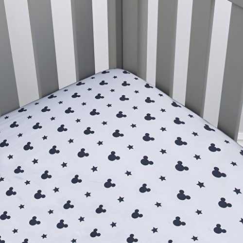 Disney Mickey Mouse 4 Piece Hello World Denim/Star/Icon Nursery Crib Bedding Set, Navy, Grey, White