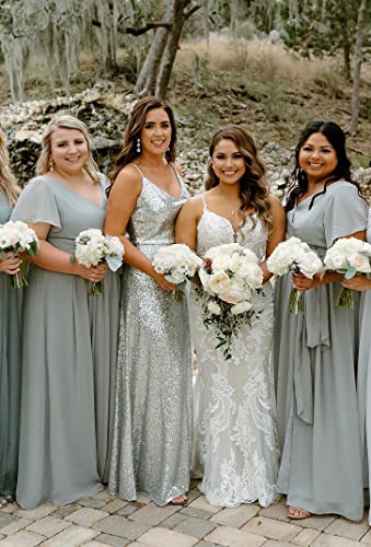 deamify Modest V Neck Flutter Sleeves Bridesmaid Dresses with Pockets Split Pleats Short Sleeves Sage Green Formal Dress for Women 10
