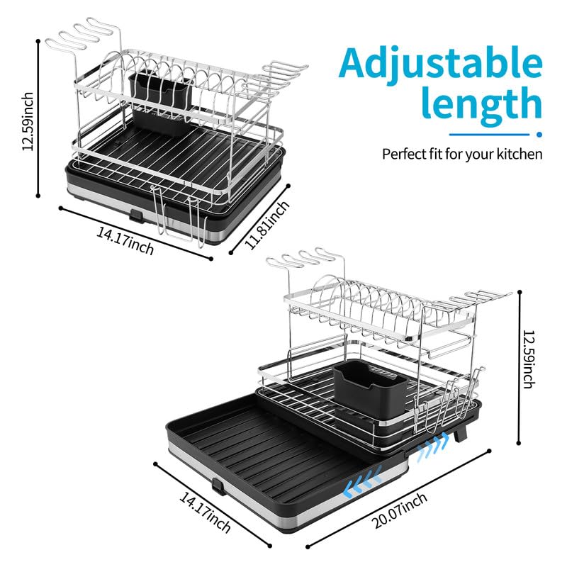 ALICESGARDEN Dish Drying Rack, 2 Tier Dish Rack, Expandable Bottom Dish Racks for Kitchen Counter with Utensil Holder Cutting Board Holder,Rust-Proof Stainless Steel Drying Rack for Kitchen Sink