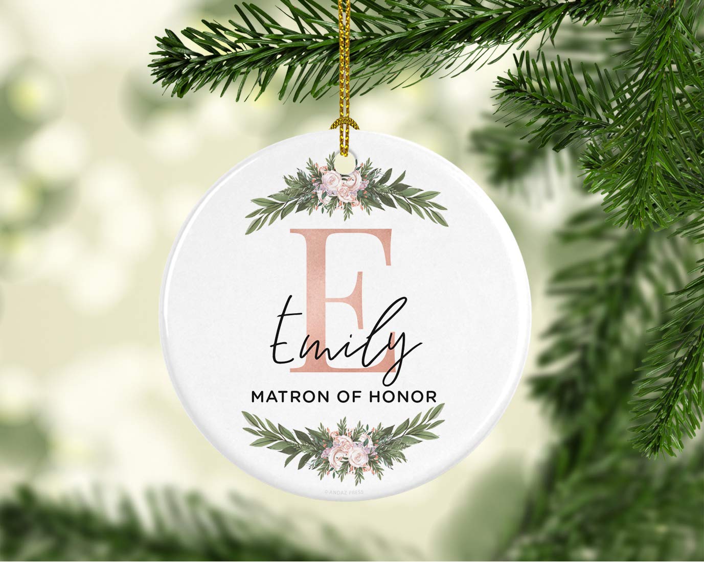 Andaz Press Personalized Round Ceramic Porcelain Christmas Tree Ornament Keepsake Collectible Matron of Honor Gift, Monogram Letter with Name, 1-Pack, Custom