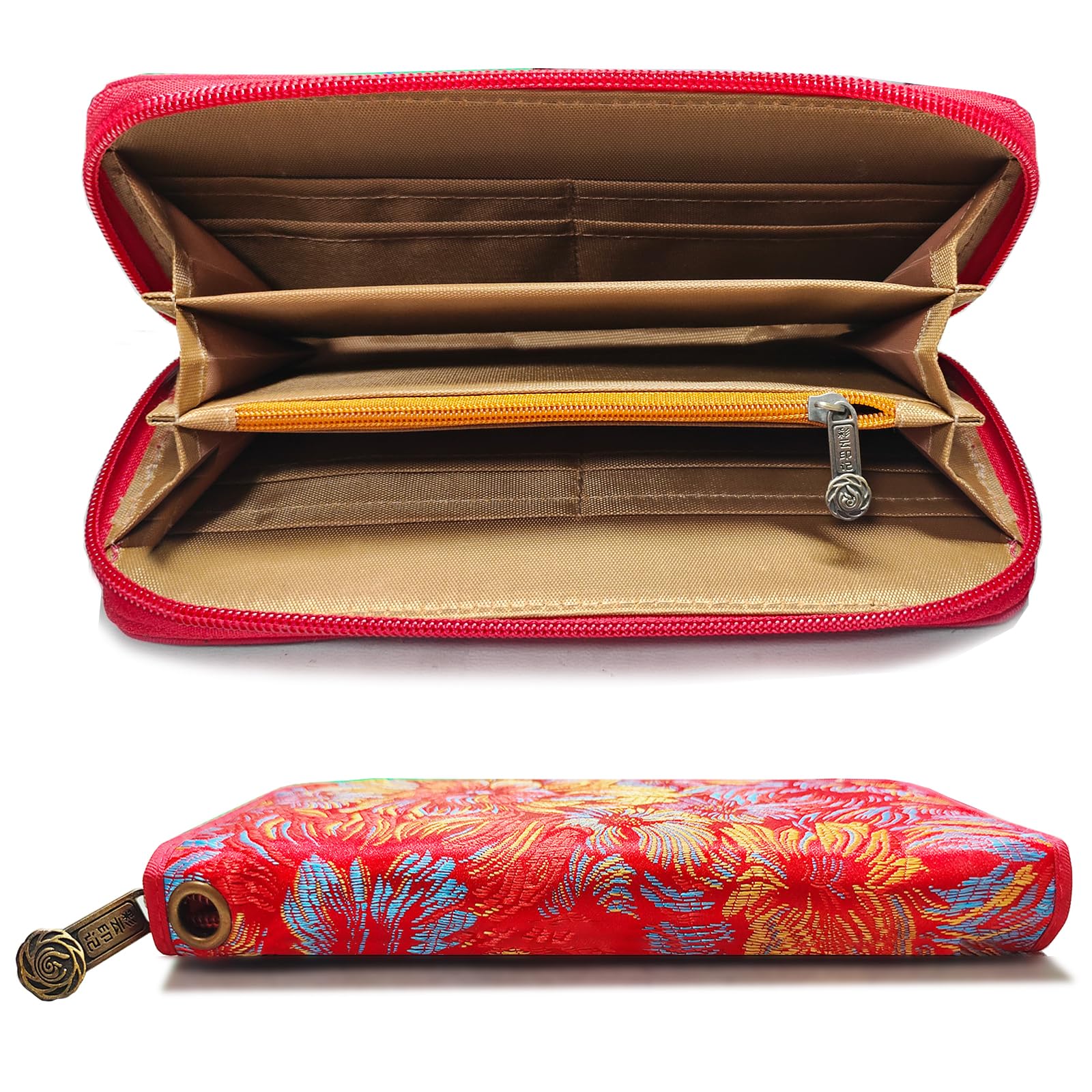Yongkai Women's Wallet Canvas Wristlets Bag Zip Around Clutch Holder Clutch with Removable Strap Featured Embroidered Multi-card Slot Wallet(Red Flowers)