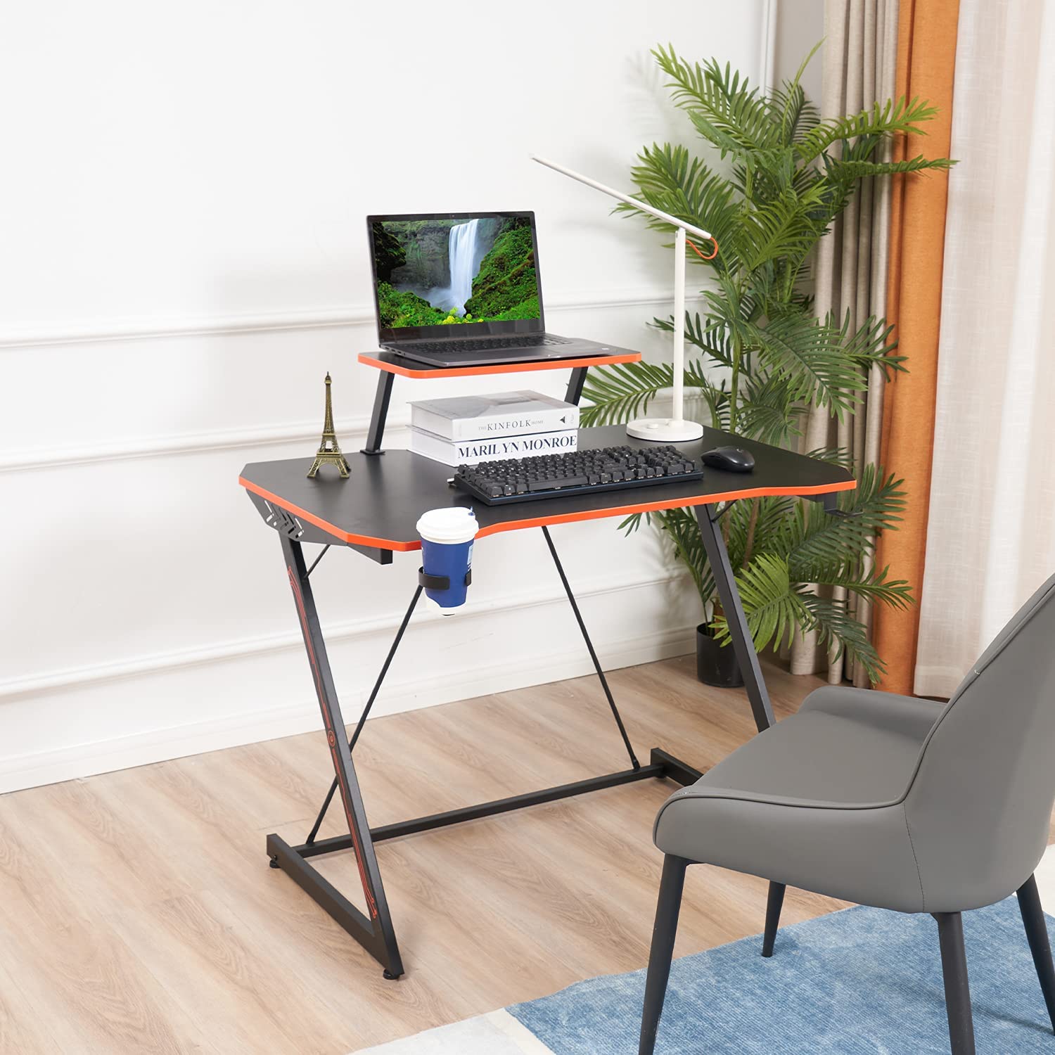 Excited Work Z-Shaped Multifunctional Gaming Desk, 40-inch Computer Desk, Home Desk Writing Desk, Personal Workstation with Headphone Stand and Cup Holder