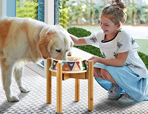 Dog Bowl Stand for Large Dogs - Height 14-inch, Adjustable, Lockable Width 8-11inches Wide - Food and Water Feeder Holder - Bamboo