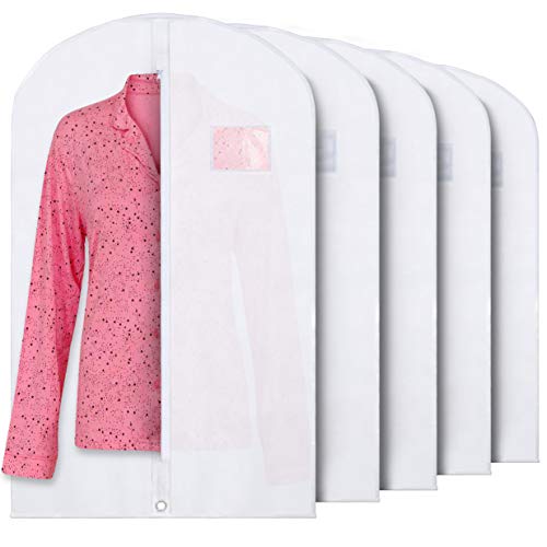 Plixio 40" Clear White Hanging Garment Bags for Closet Storage - Clothing, Coat, Dance Costumes, Suit Bags for Travel and Clothes Storage - Men Suit Cover, Clear Garment Bag, Dress Bag - (5 Pack)