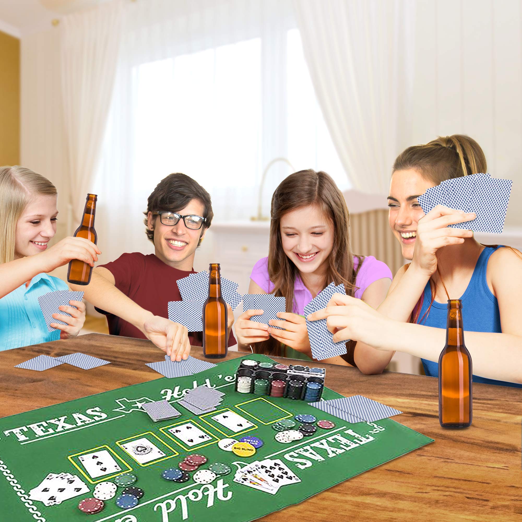 Gamie Texas Holdem Poker Game Set - Includes Hold’em Mat, 2 Card Decks, Chips, Chip Holder and Tin Storage Box - Fun Game Night Supplies - Cool Casino Gift for Kids & Adults