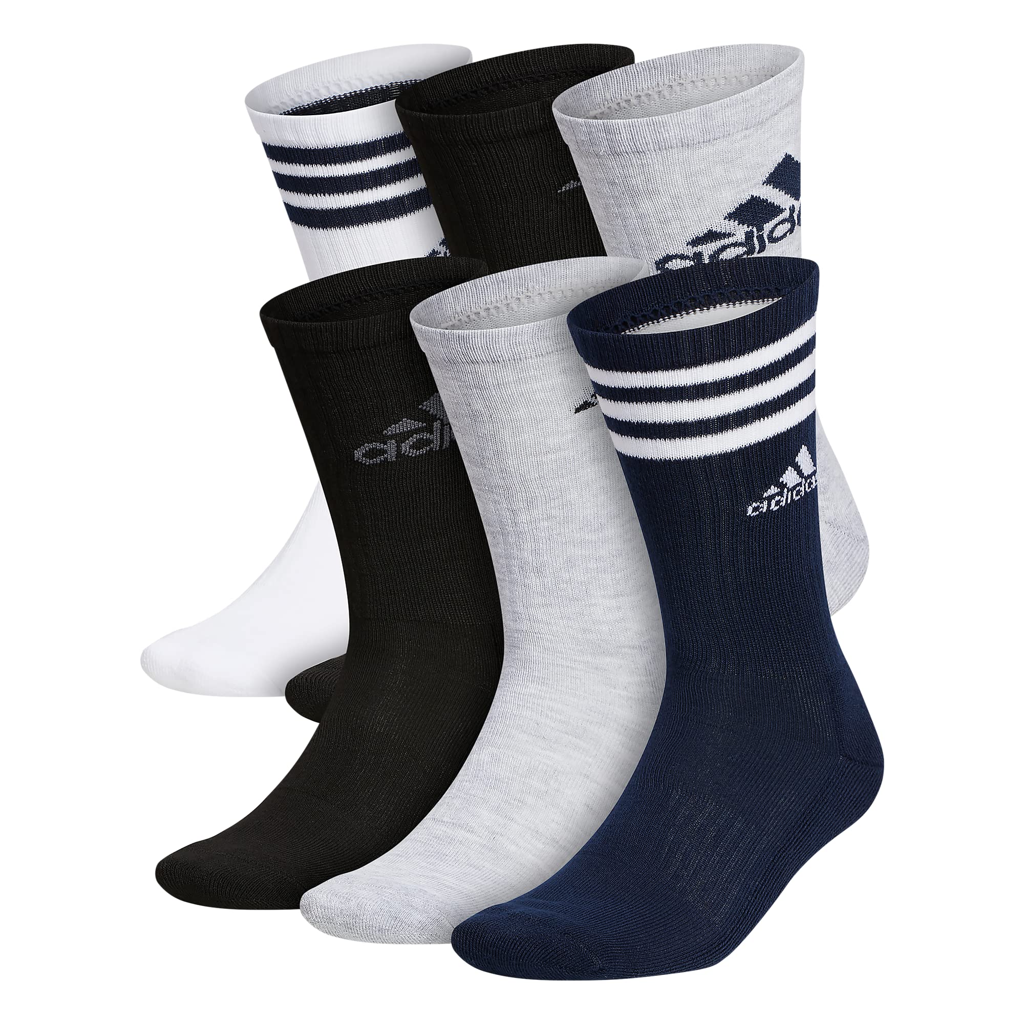 adidas Men's Athletic Cushioned Crew Socks with Arch Compression for a Secure Fit (6-Pair), Cool Light Heather/Collegiate Navy/White, Large