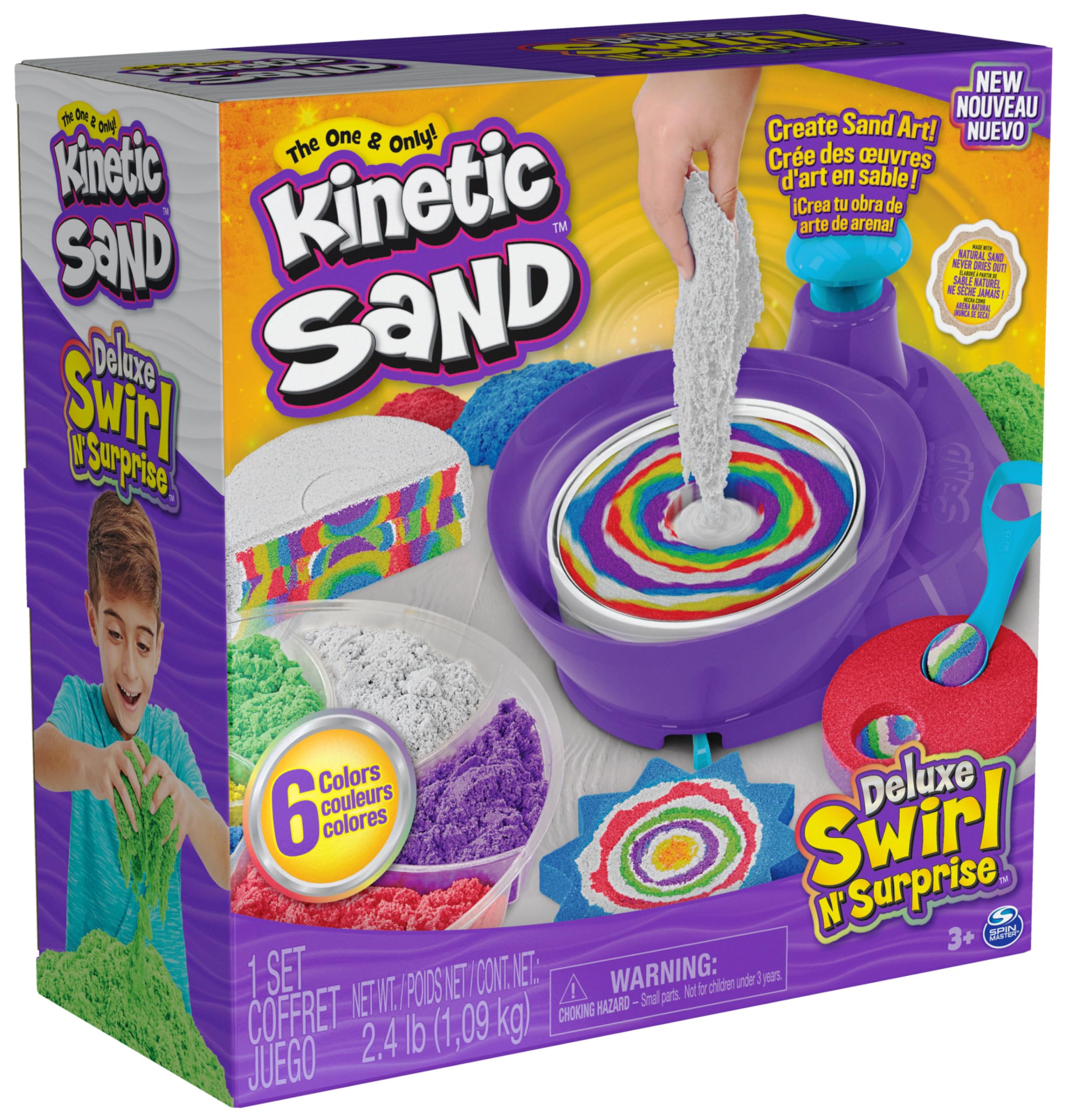 Kinetic Sand, Deluxe Swirl N’ Surprise Playset with 2.5lbs Play Sand (Red, Blue, Green, Yellow, White & Purple), 4 Tools, Sensory Toys for Kids
