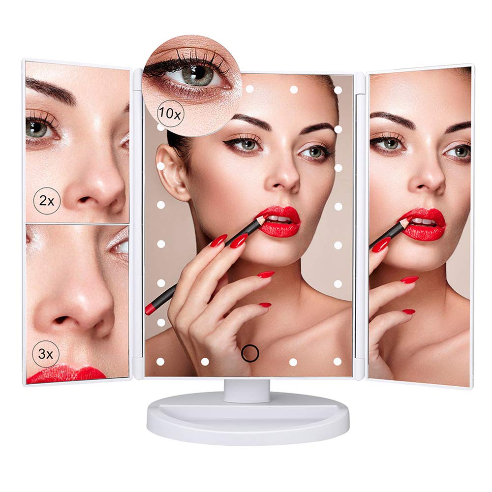 AMMIY Vanity Makeup Mirror with Lights, 1x/2x/3x/10x Vanity Mirror with 21 LED Lights, Touch Screen Switch Tri-Fold Design 180° Rotation LED Makeup Mirror, Dual Power Supply LED Mirror Makeup