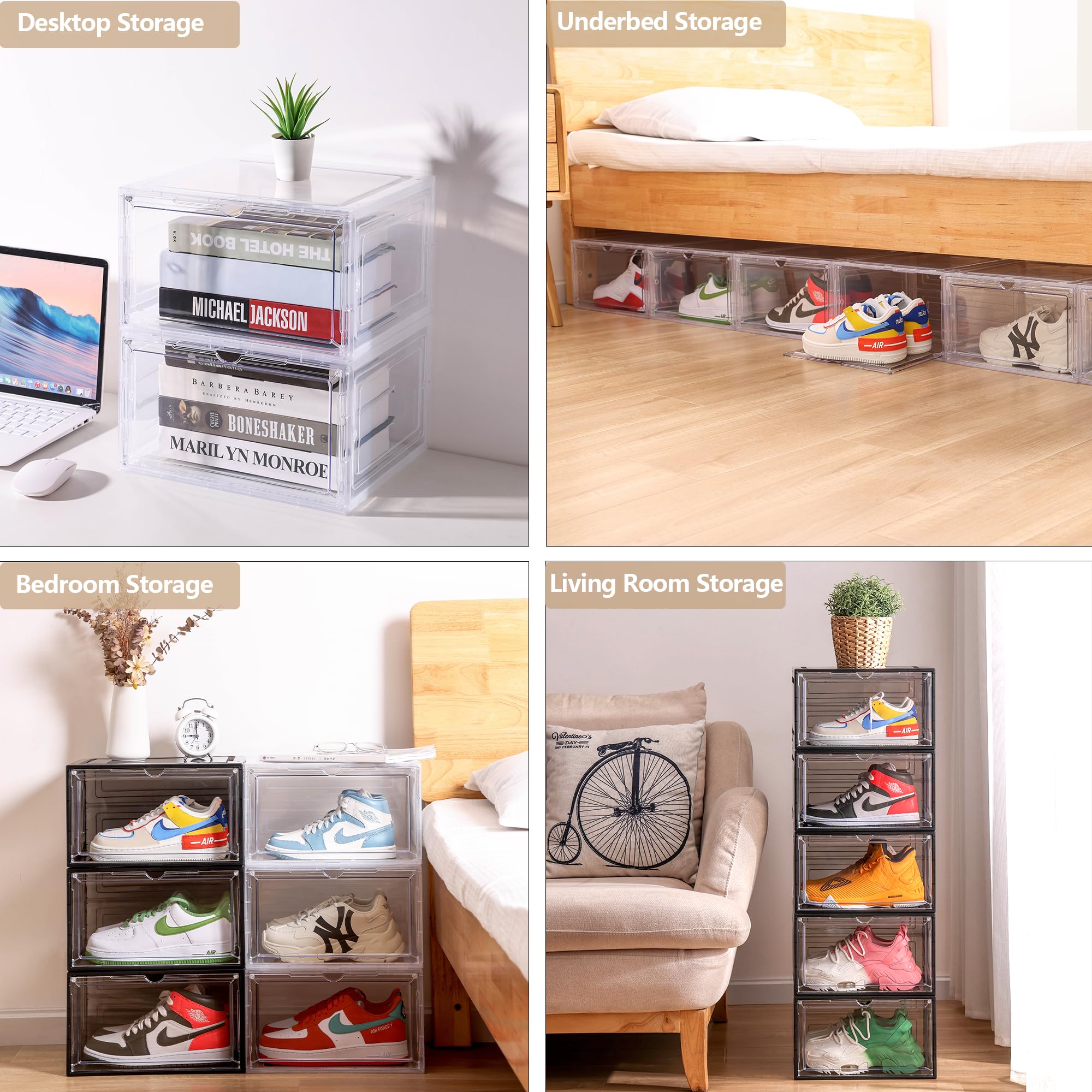 Attelite Upgraded Large Clear Shoe Storage Box Stackable, 8 Pack Thicken Plastic Shoe Containers, Drop Side Front Shoe Storage Organizer for Display Sneakers