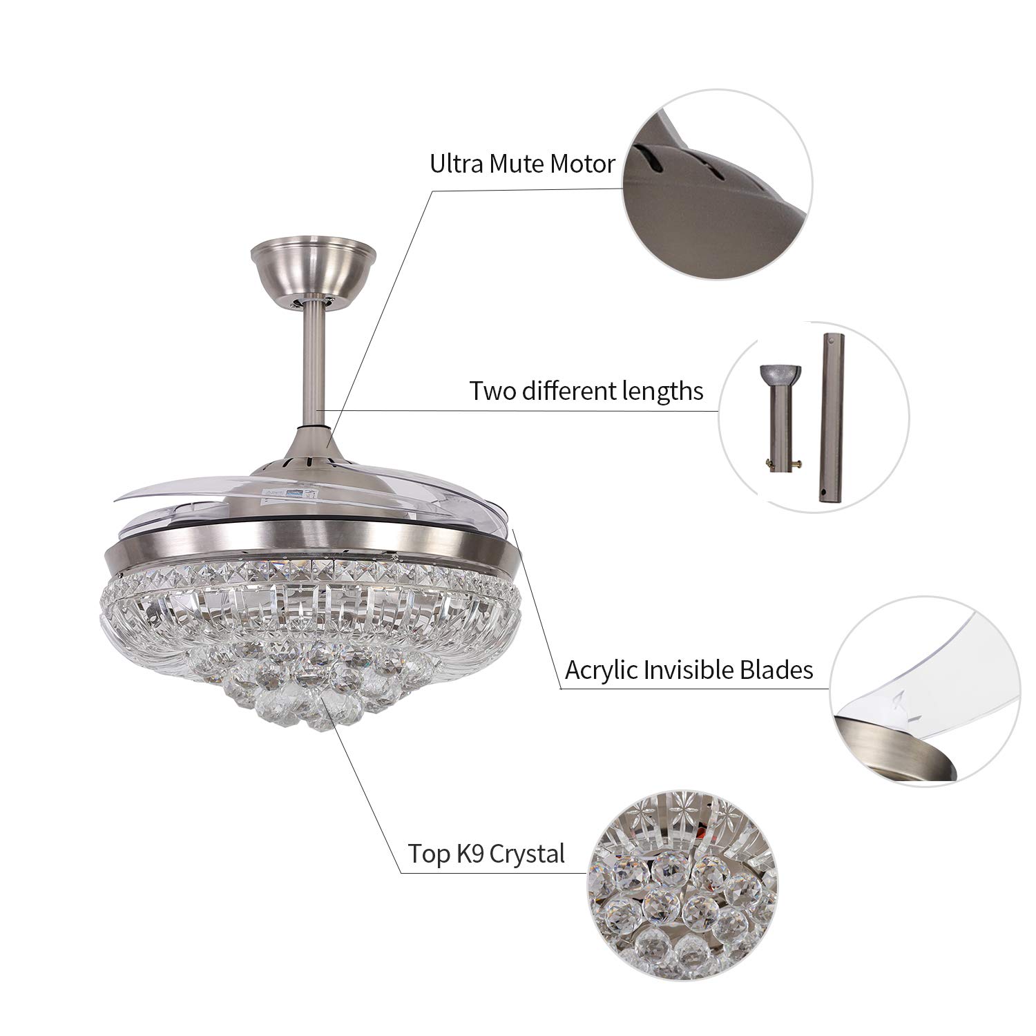 Ainfox 42" Crystal Ceiling Fan with Light, 4-Blades Chandelier Ceiling Fan with Remote Control, 3 Speeds Invisible Retractable Modern LED Fan for Living Room, 3 Light Change Timing Function