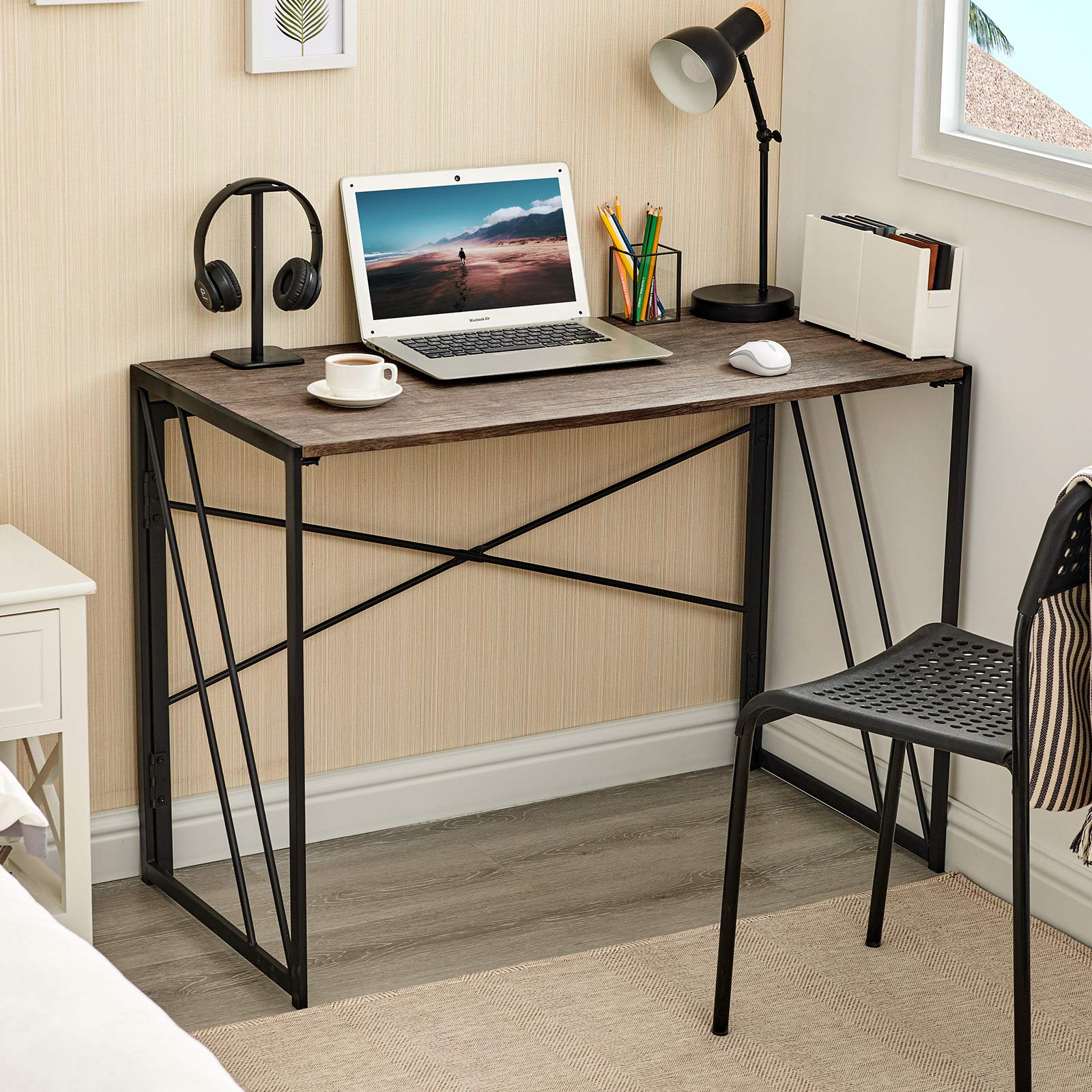 AINGOO No Assembly Folding Computer Writing Desk Industrial Style Home Office Study Laptop Gaming Table for Small Space Brown