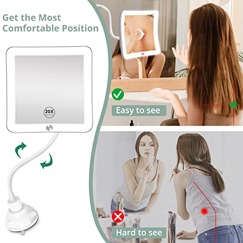 Fabuday Flexible Gooseneck 20X Lighted Magnifying Mirror, Upgraded Lighted Makeup Mirror with Magnification, LED Magnified Mirror for Bathroom, Portable Travel Mirror, Square