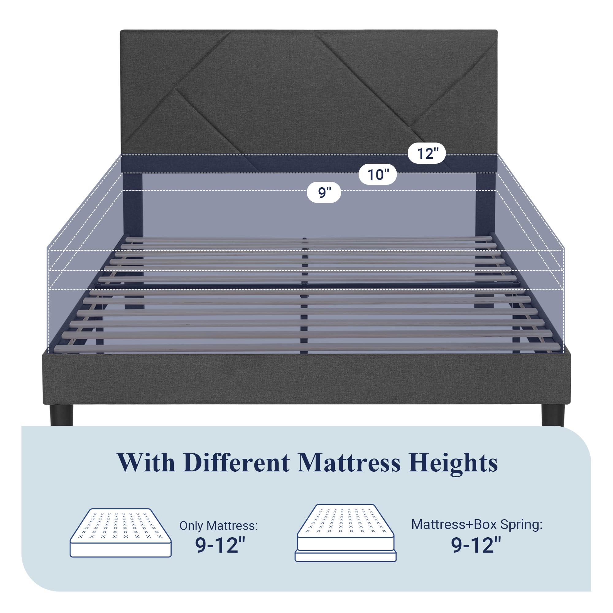 Allewie Full Size Upholstered Bed Frame with Geometric Headboard, Heavy-Duty Platform Bed, No Box Spring Needed, Dark Grey