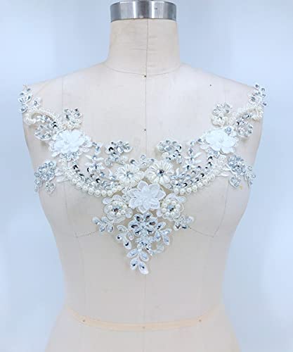 wtbv.n Handmade Crystal Peal Patches Sequins Rhinestones Ivory lace Trim Applique 38 * 28cm for Dress Skirt