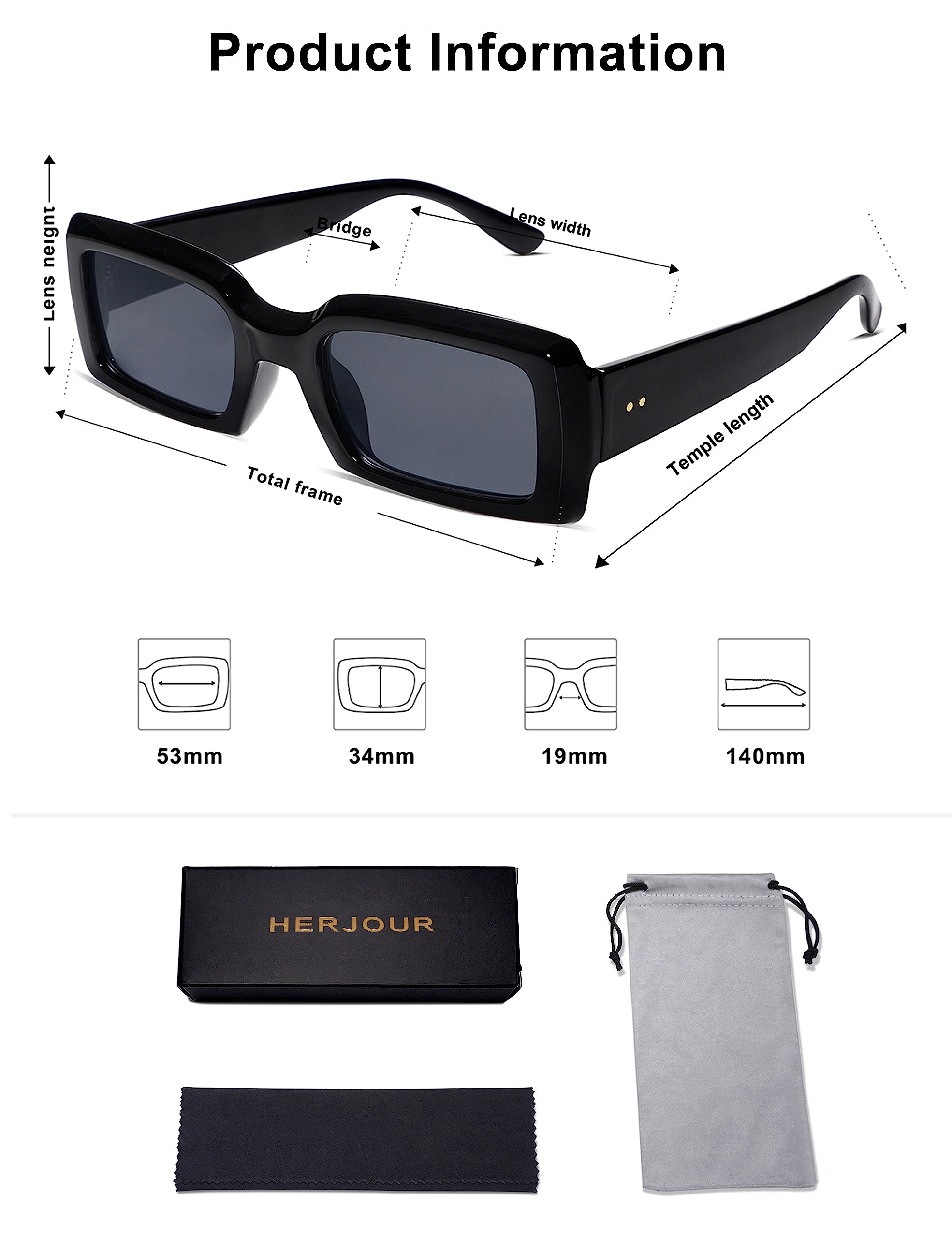 Allarallvr Trendy Rectangle Sunglasses for Women Men Vintage 90's Square Shades Thick Frame Nude Sunnies Sunglasses AR82002, Black