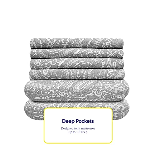 Queen Sheets Paisley Grey - 6 Piece 1500 Supreme Collection Fine Brushed Microfiber Deep Pocket Queen Sheet Set Bedding - 2 Extra Pillow Cases, Great Value, Queen, Paisley Gray
