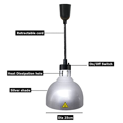 Hanging Food Heat Lamps Ceiling Food Warmer with Infrared Bulb Warming Lamps Retractable Style (Dia25cm(Silver))