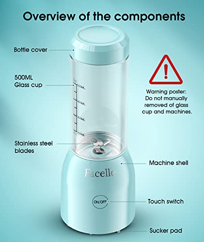 Facelle Smoothie Blender, 400W Powerful Personal Blender, 17Oz Personal Size Blender with 4 Sharp Stainless Steel Blades, Smart Switch Portable Blender for Shakes Frozen Drinks Smoothies Food Juices