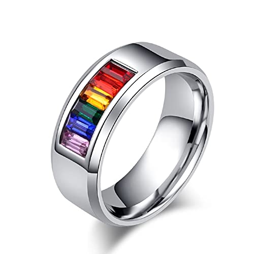 Aooaz Gay Couple Rings, Titanium Ring Rainbow with Pride Flag Silver Wedding Band for Men Women Size 7 Free Engraved