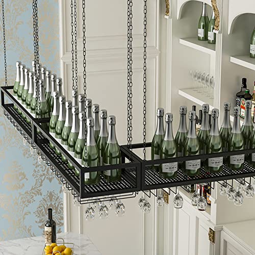 DASHADAO Hanging Wine Glass Rack-Black Wine Rack Home Wine Bottle Racks Ceiling Wall-Mounted Storage Shelf with Hanging Stemware Champagne Glasses Holder Metal Bar Unit Floating Shelves HOM