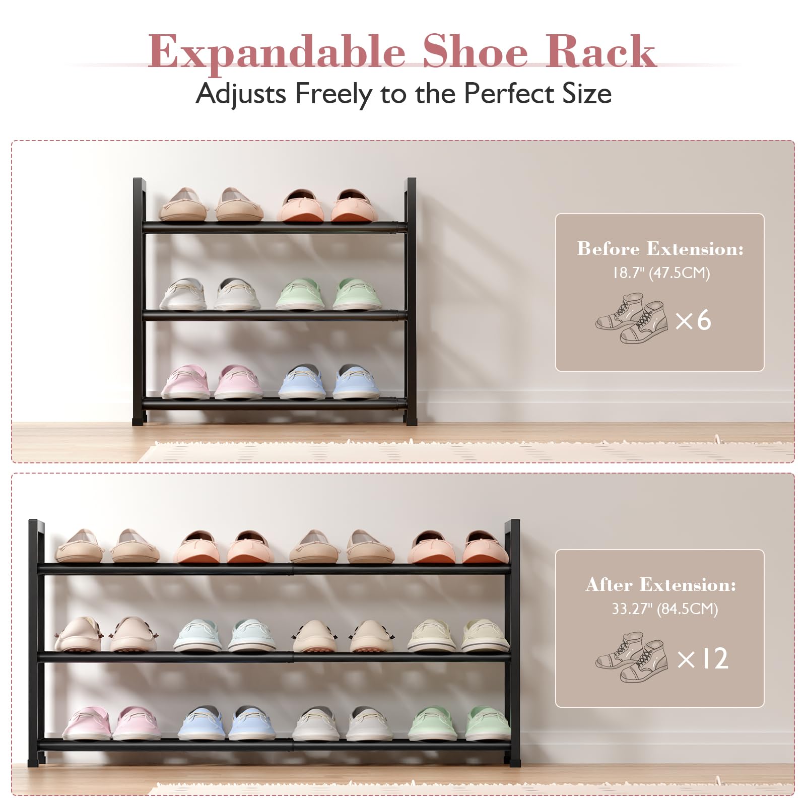 Bumusty 3-Tier Expandable Shoe Rack for Closet, 18β-33β Adjustable Shoe Rack for Small Space, Small Shoe Organizer for Front Door, Sturdy Metal, Black