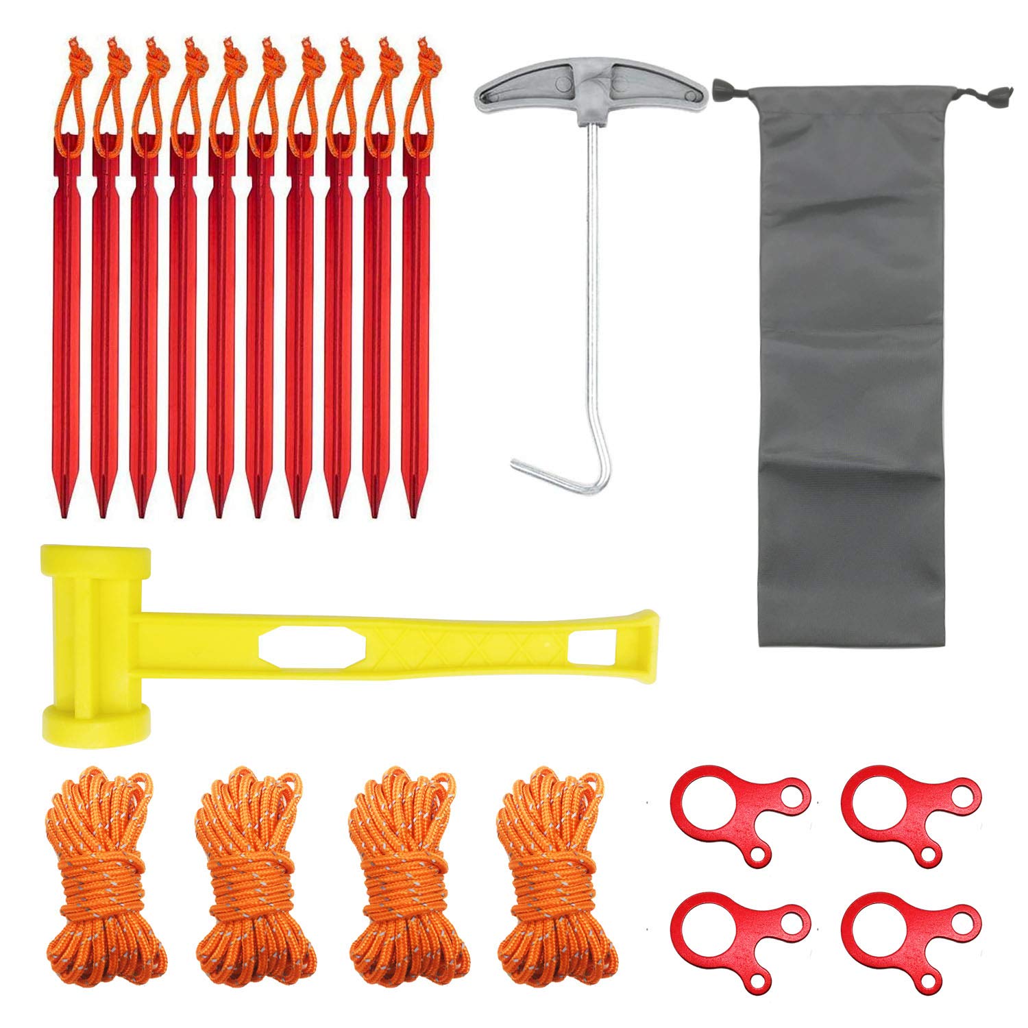 Allazone 20 PCS Aluminum Lightweight Tent Stakes Set, Camping Tent Stakes Accessories Kit, 10 PCS Tent Stakes, Plastic Hammer, Nail Puller and Rope with Guylines Adjuster for Easy Camping
