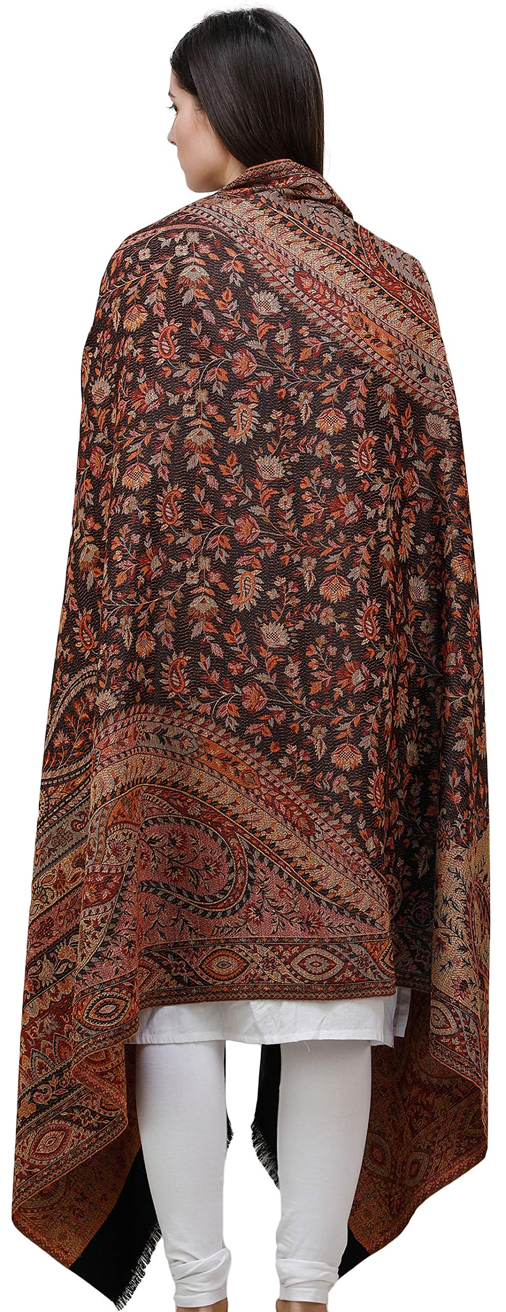 Exotic India Reversible Jamawar Shawl with Woven Paisleys - Color Caviar Black