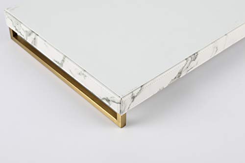 WV Coffee Table Serving Tray Faux Leather White Marble Finish with Brushed Gold Stainless Steel Handle for Living Room (White)