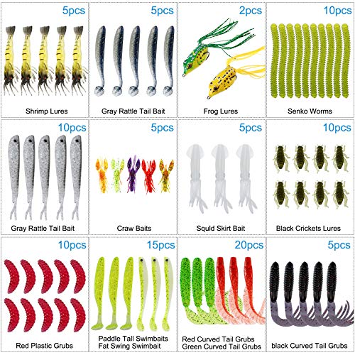 Amarine Made 102PCS Lifelike Soft Plastic Fishing Lures Fishing Bait Set with Tackle Box for Bass Trout Slow Sinking Bionic Swimming Lures Including Paddle Tail Swimbaits Curved Tail Grubs