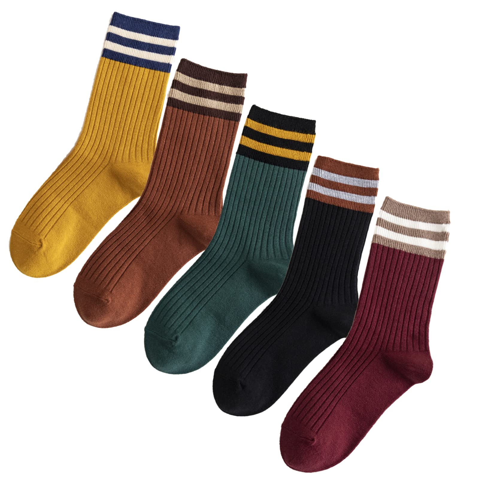 ANIDL 5 Pairs Fashion Striped Athletic Socks,Casual Cute Vintage Crew Socks,All Season Socks for Women Girls (Style B - Multicolor 1)