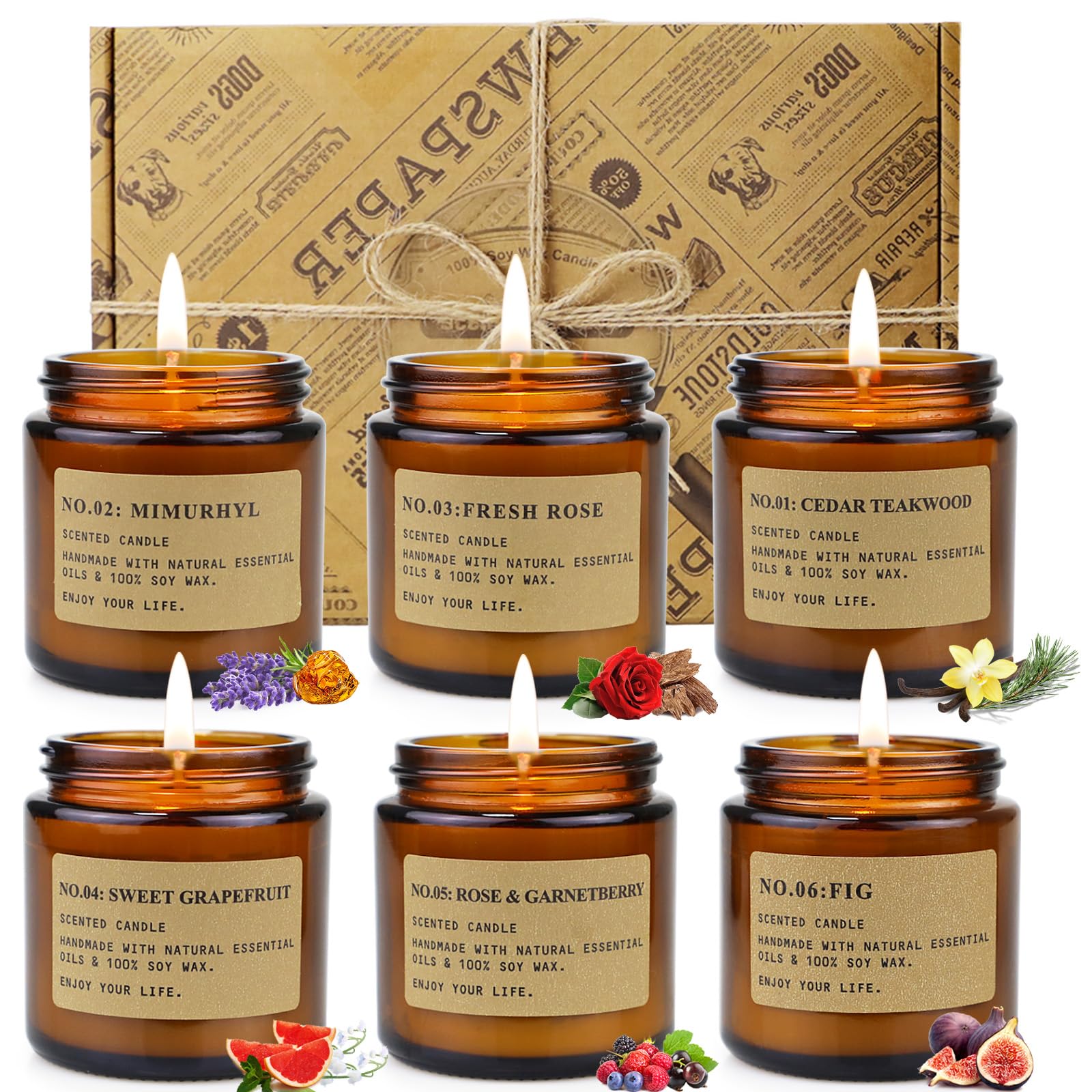 Candles for Home Scented,6Pack Soy Wax Candle Sets,Aromatherapy Candle Gift Set for Women,150 Hours Long Burn Time, Amber Jar Candle Candles Gift for Birthday